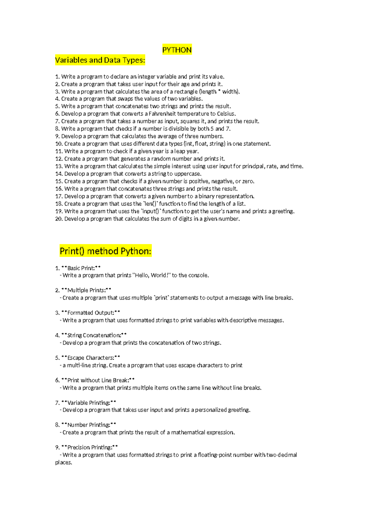Python beginner questions - PYTHON Variables and Data Types: 1. Write a ...