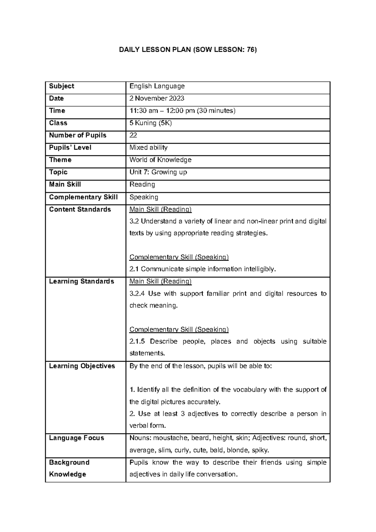 5K 2 - english notes - DAILY LESSON PLAN (SOW LESSON: 7 6 ) Subject ...