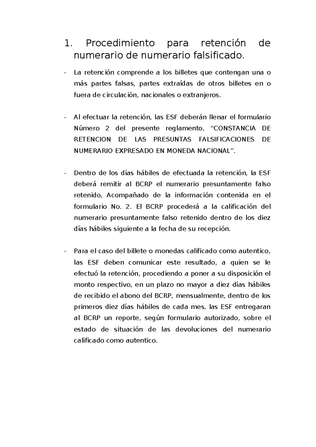 Procedimiento para retención de numerario falsificado - 1 ...