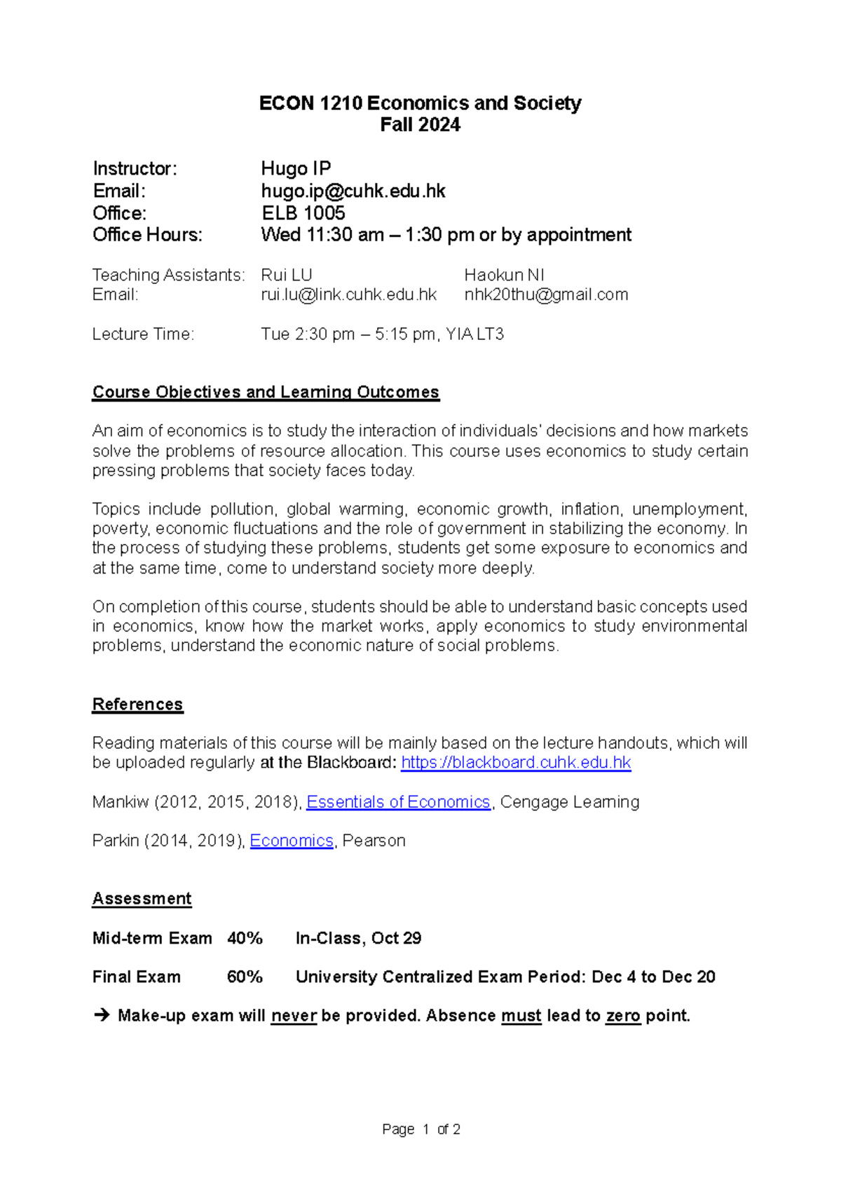 ECON 1210 course outline - Page 1 of 2 ECON 1210 Economics and Society Fall 2024 Instructor ...