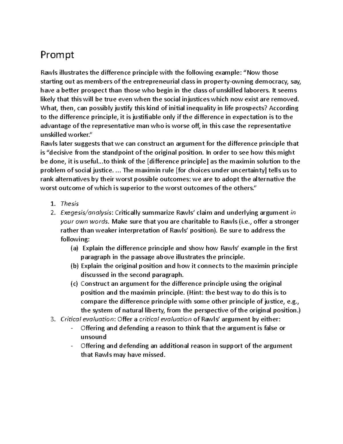 Rawls Reading Engagement 2 - Prompt Rawls illustrates the difference ...