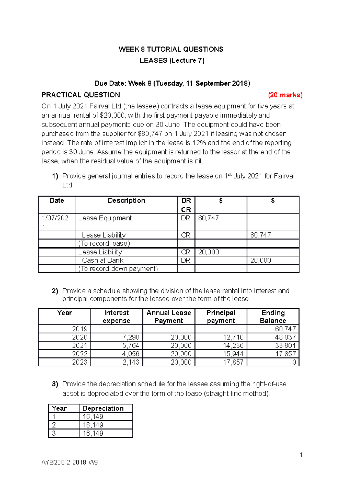 Ayb200 2 2018 W8 Tutorial Questions Week 8 Tutorial Questions Leases Lecture 7 Due Date