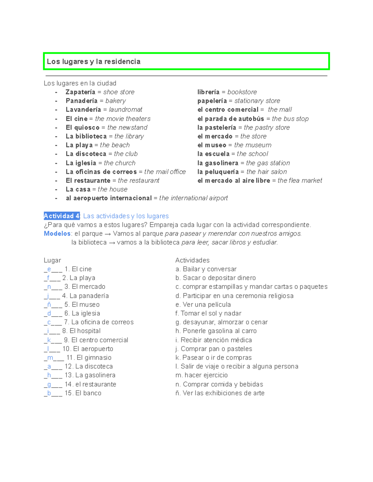 Vocabulario El vecindario y los lugares - Los lugares y la residencia ...