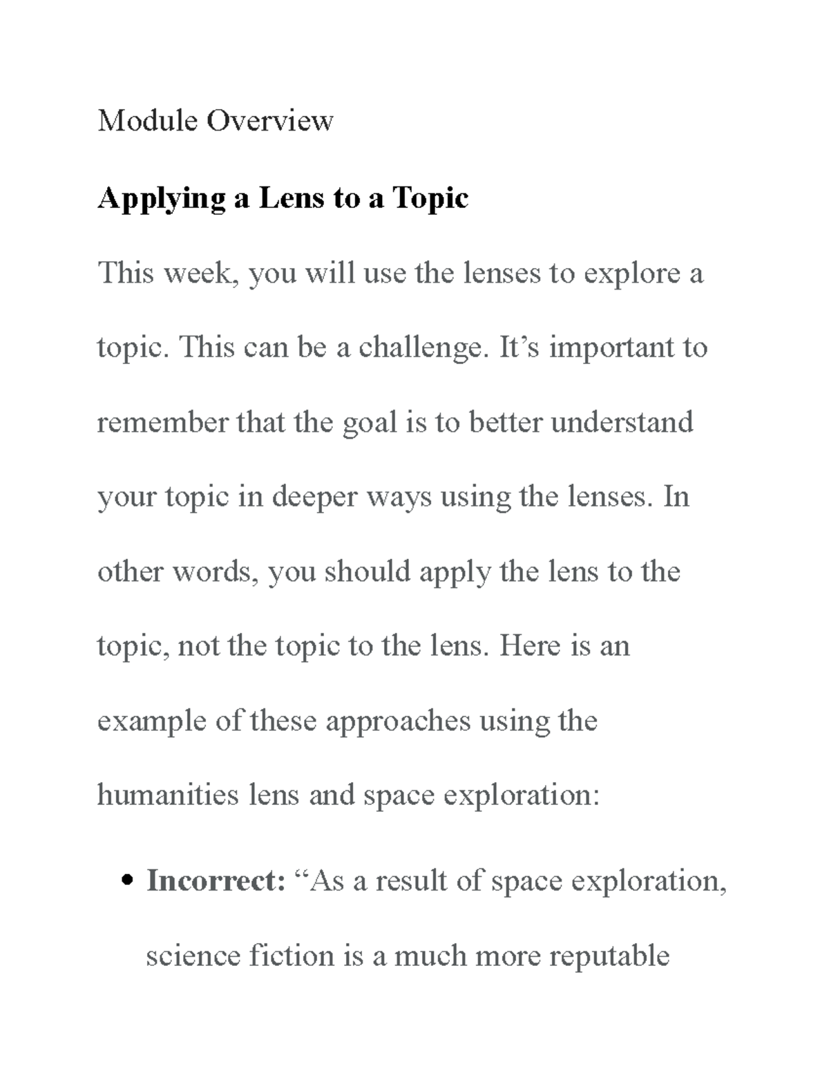 Applying a Lens to a Topic - Module Overview Applying a Lens to a Topic ...