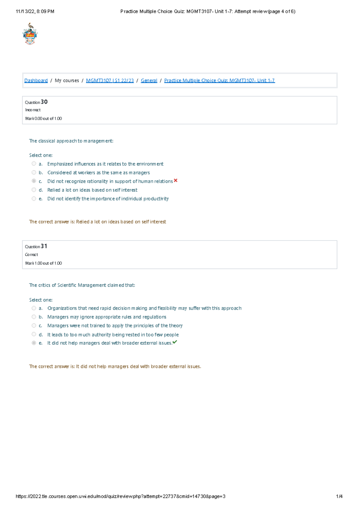 30 to 39 - quiz - Dashboard / My courses / MGMT3107 | S1 22/23 ...