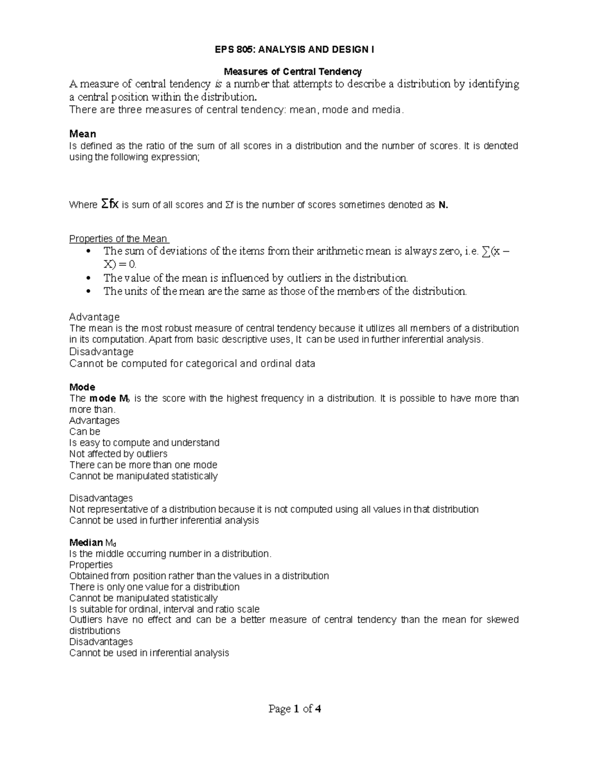 Measures Of Central Tendency Eps 805 Analysis And Design I Measures