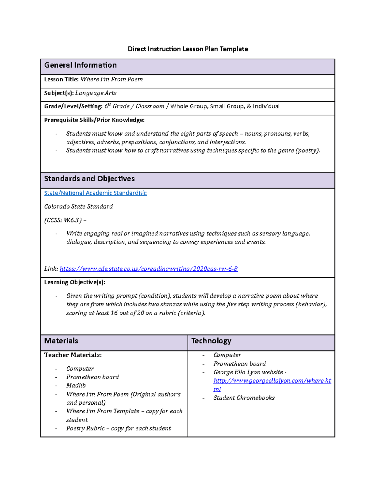 C365 Language Arts Instruction and Intervention PA - Direct Instruction Lesson Plan Template ...