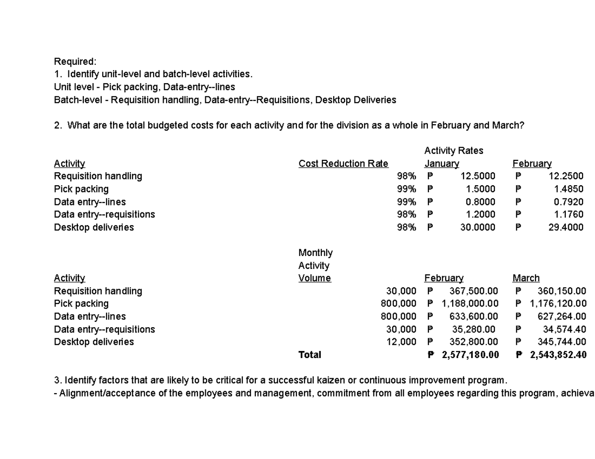 Exam 3 - cost acctg chap 10-11 - Required: Identify unit-level and ...