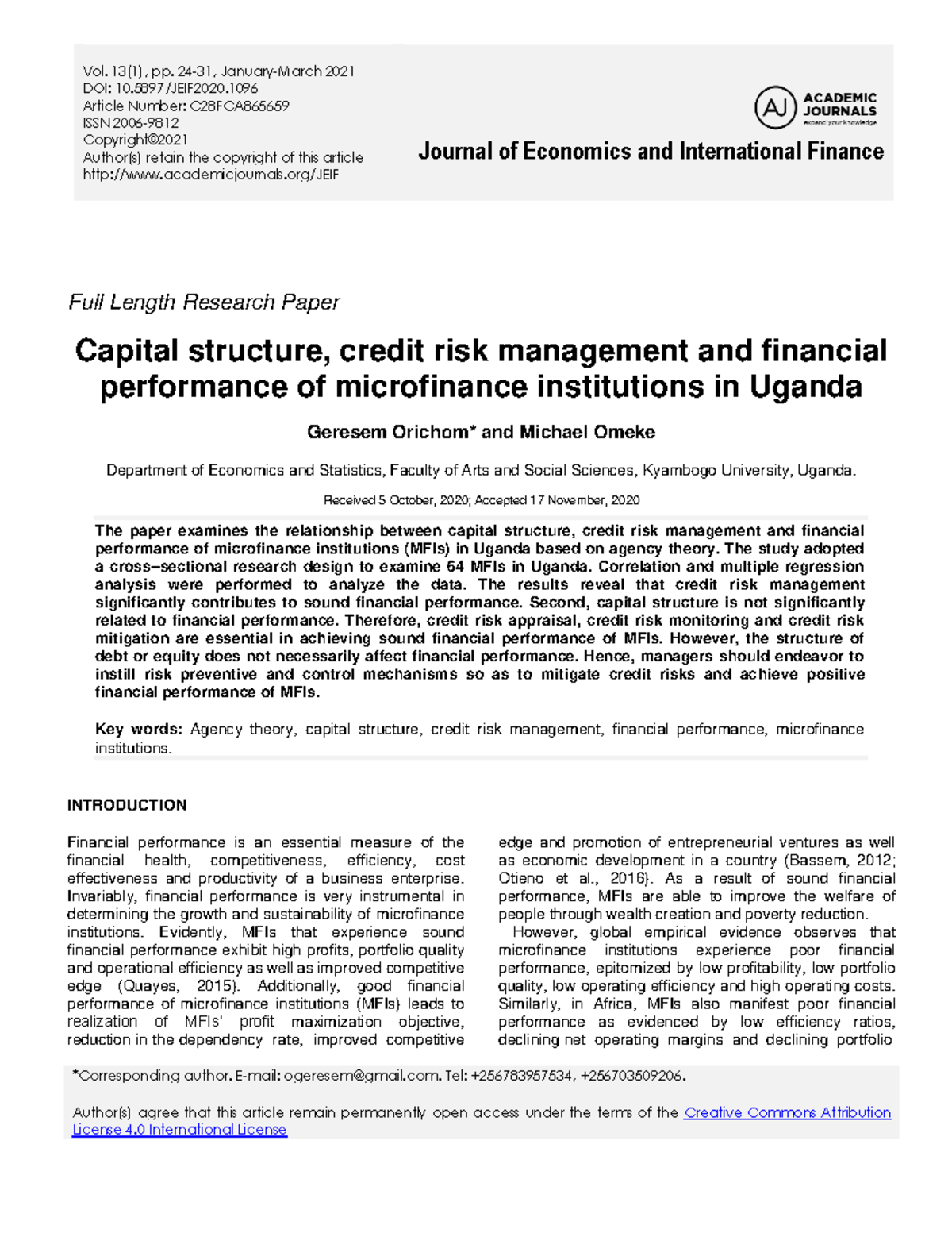 Financial Performance - Vol. 13(1), pp. 24-31, January-March 2021 DOI ...