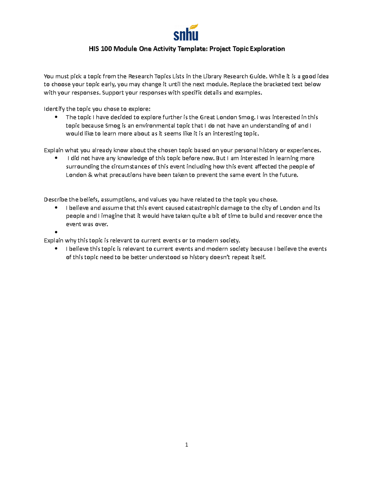 Lauren Alexander HIS 100 Module One Activity Template - HIS-100 - SNHU ...