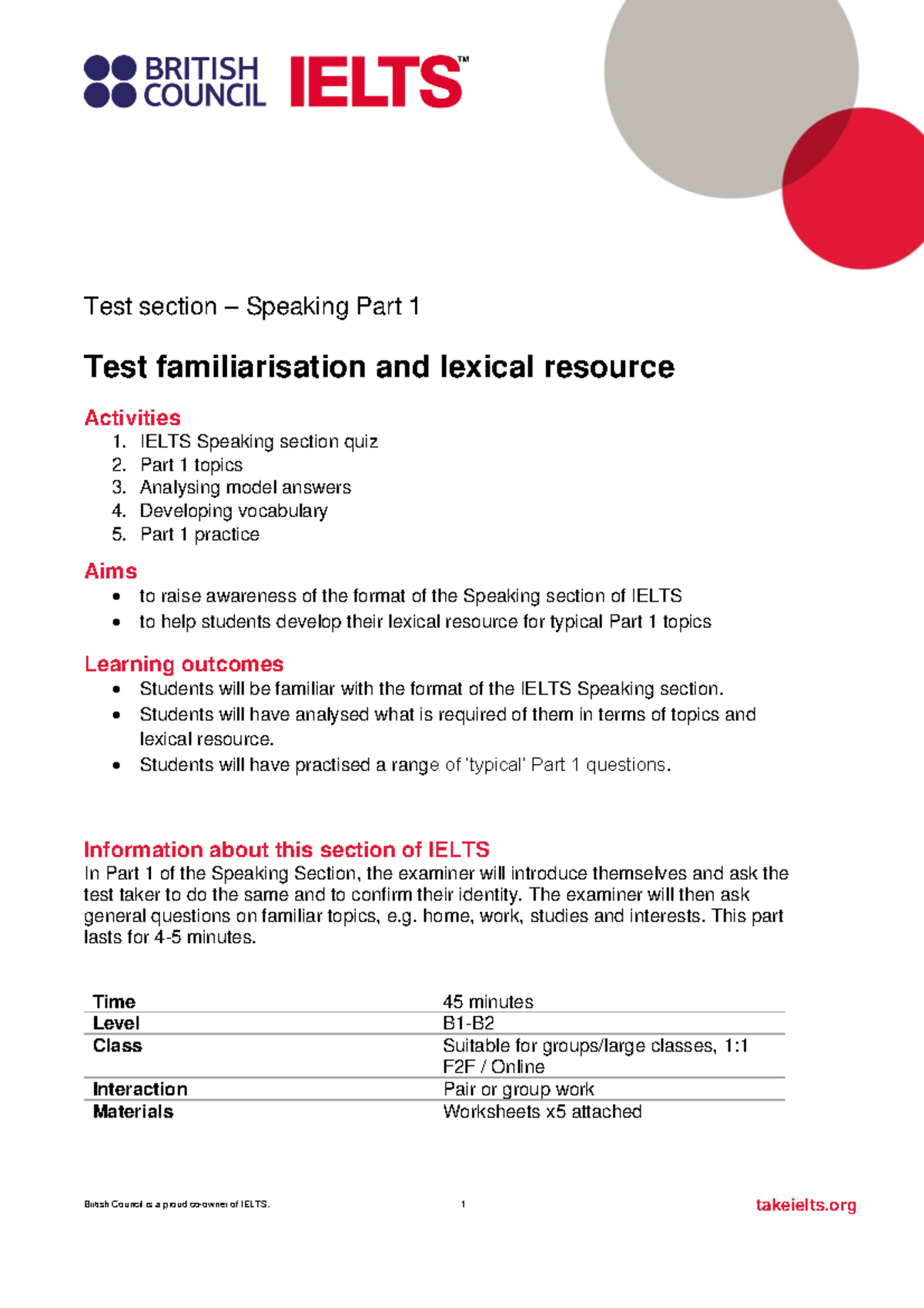 Speaking part 1 familiarisation and lexical resource - Test section ...
