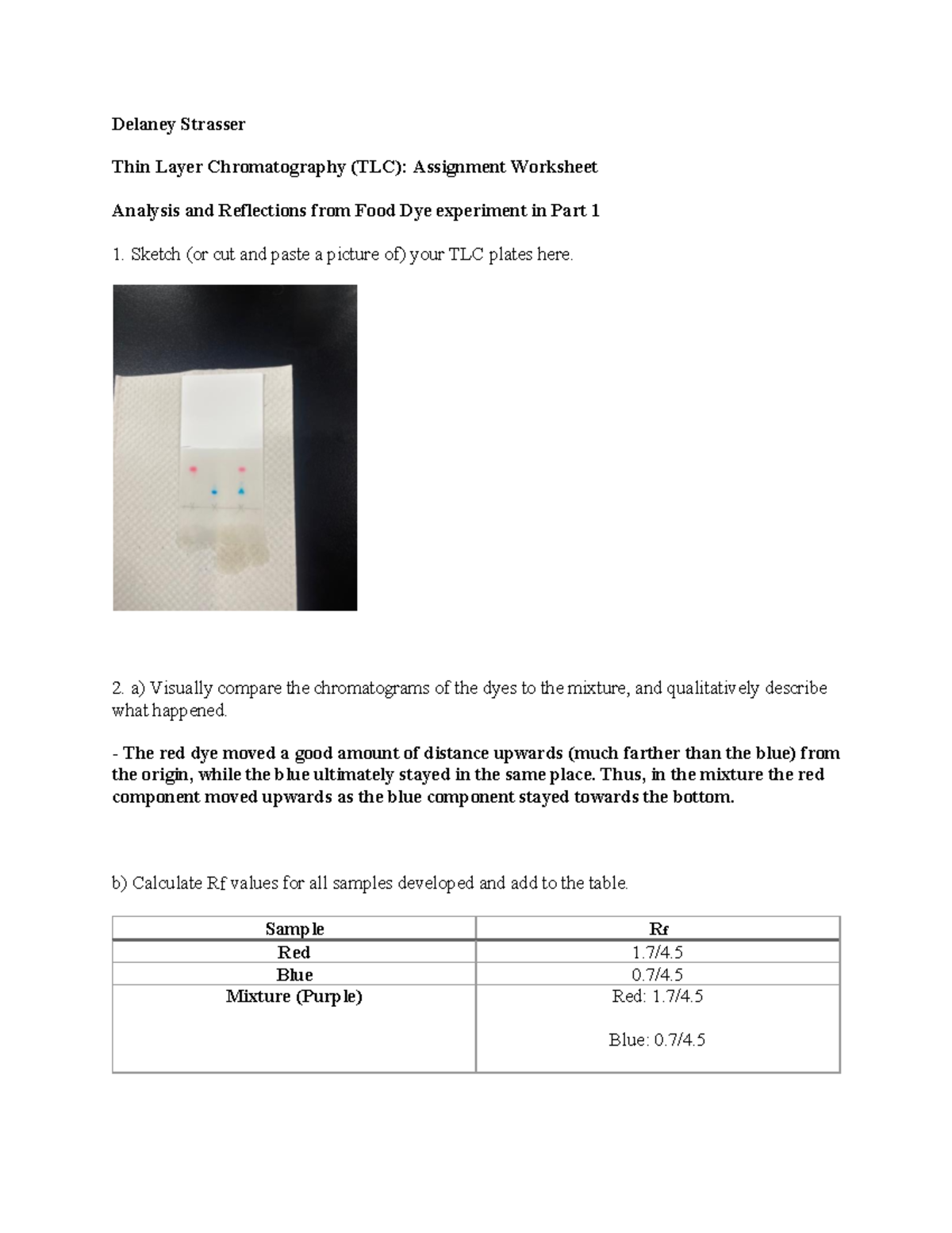 Chem 105 Lab - Answer Key - Delaney Strasser Thin Layer Chromatography ...