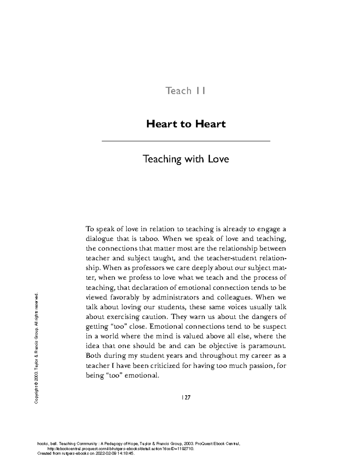 Bell hooks heart to heart.teaching with love-1 - To speak of love in ...