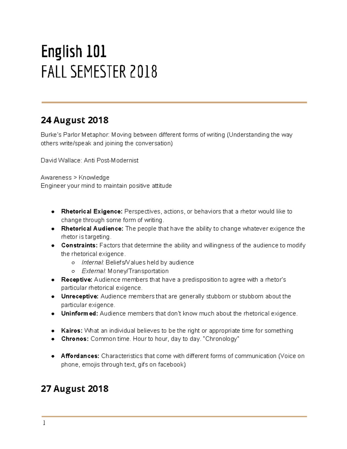 English Class Notes - English 101 FALL SEMESTER 2018 24 August 2018 ...