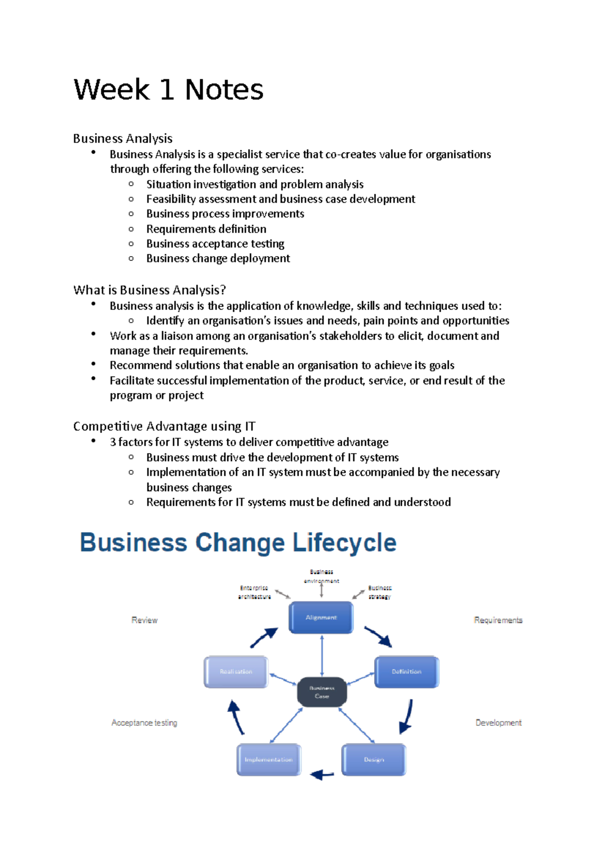 Week 1 Notes - Week 1 Notes Business Analysis Business Analysis is a ...