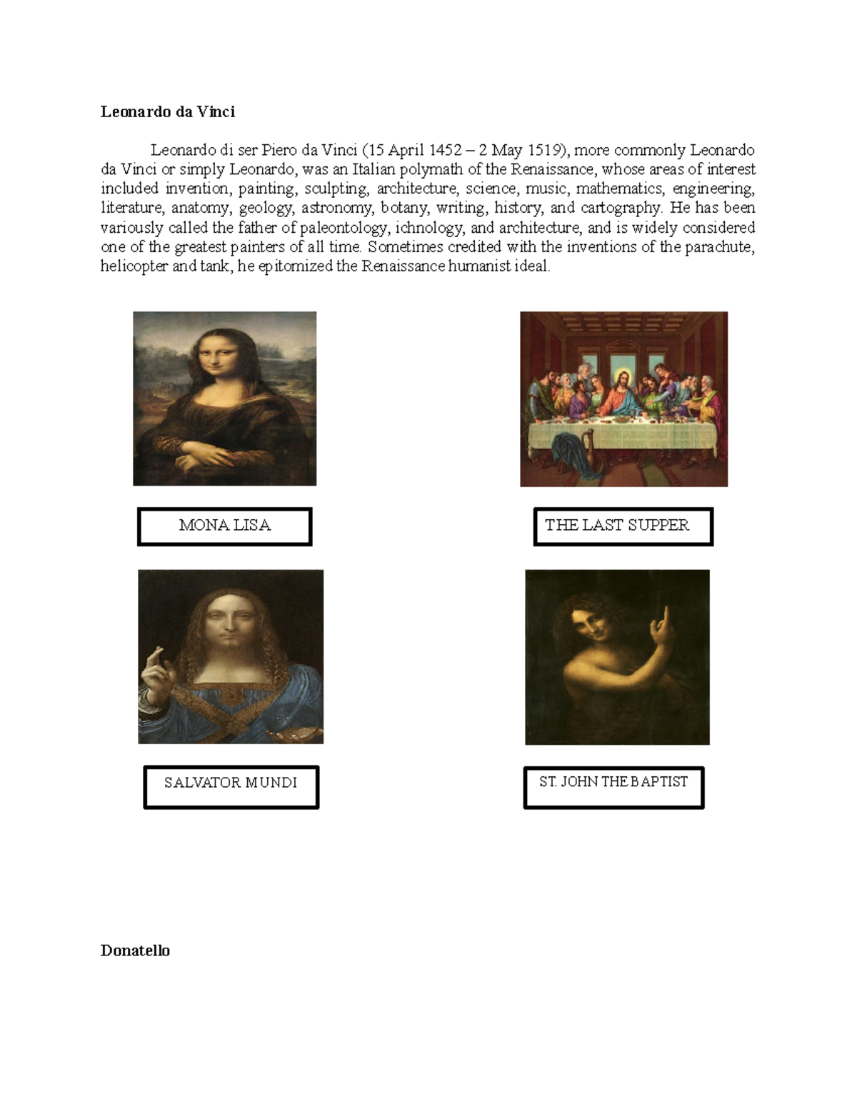 Painters from the Renaissance Period - Leonardo da Vinci Leonardo di ...
