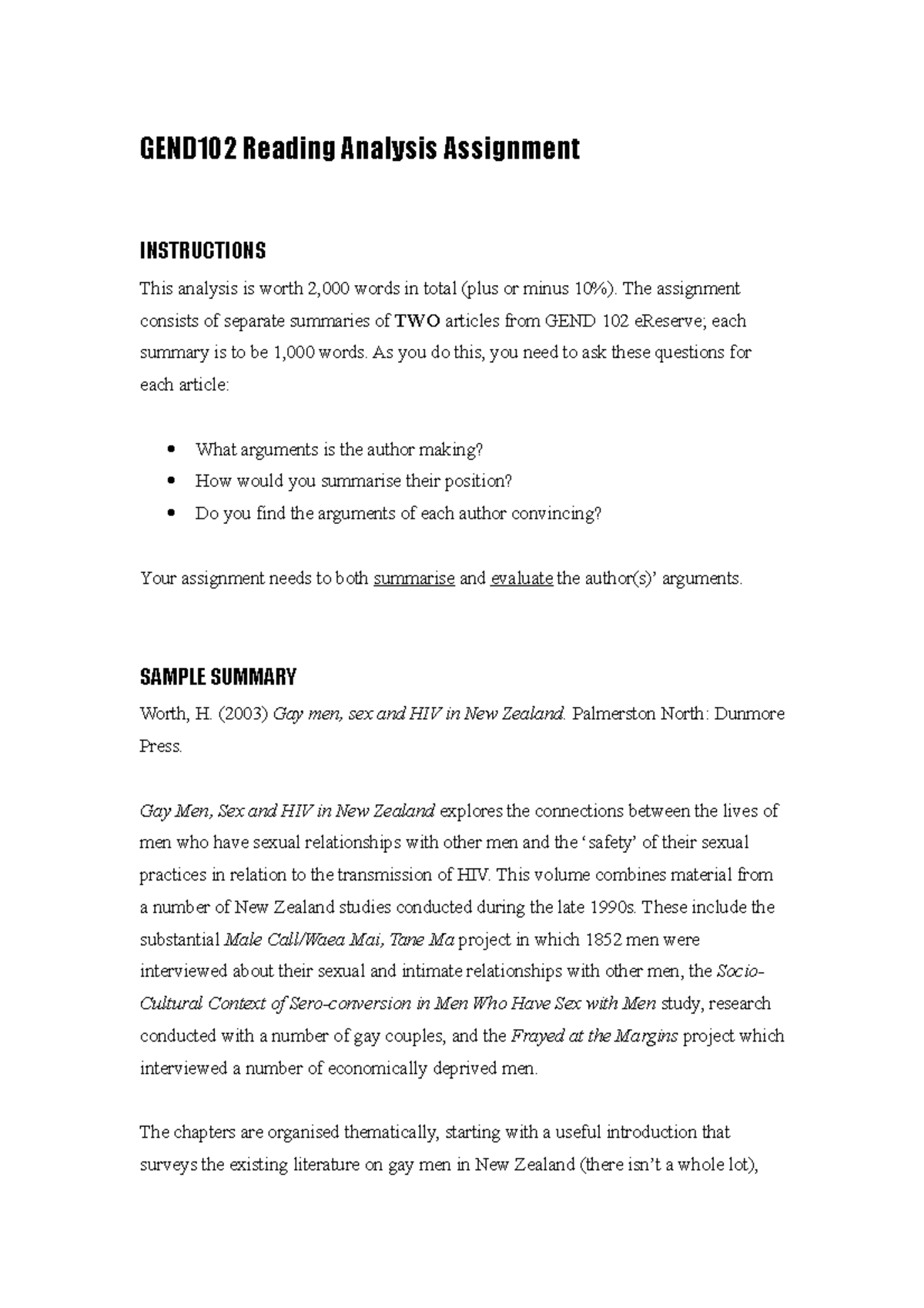 Reading summaries gend example - GEND102 Reading Analysis Assignment ...