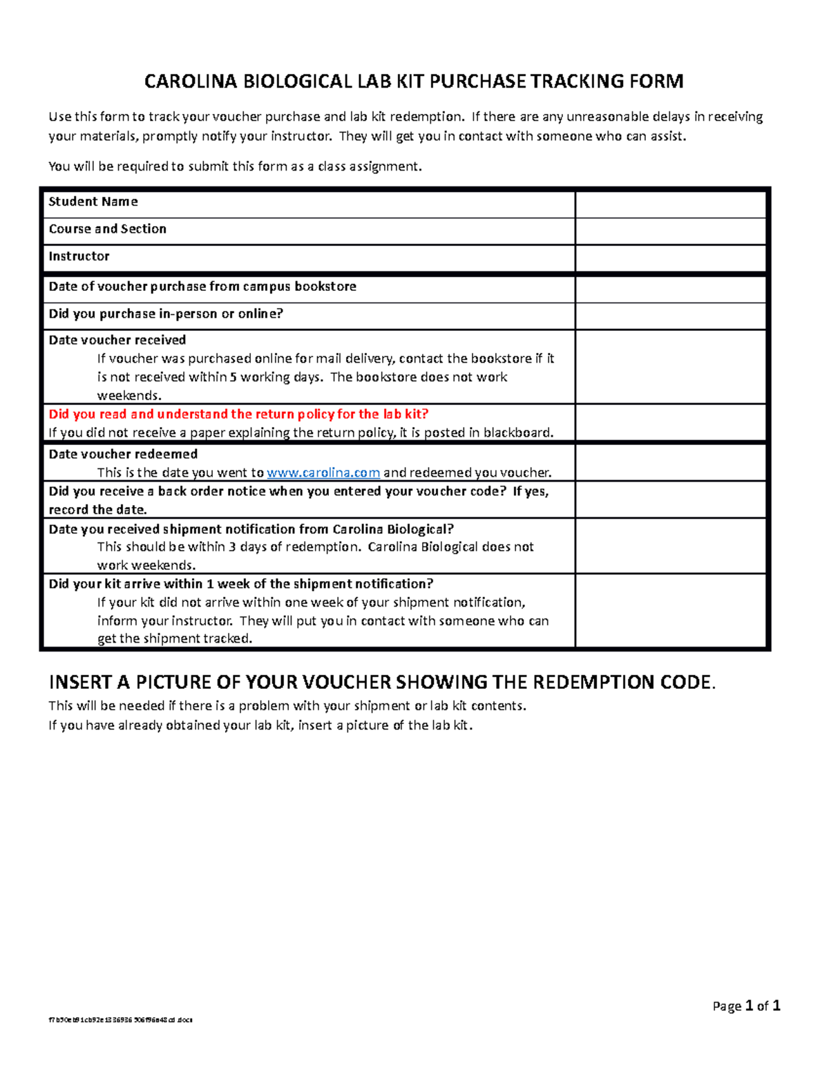 Lab tracking form - CAROLINA BIOLOGICAL LAB KIT PURCHASE TRACKING FORM ...