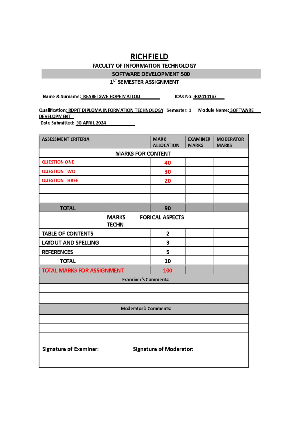 Software Development Assignment Richfield Faculty Of Information