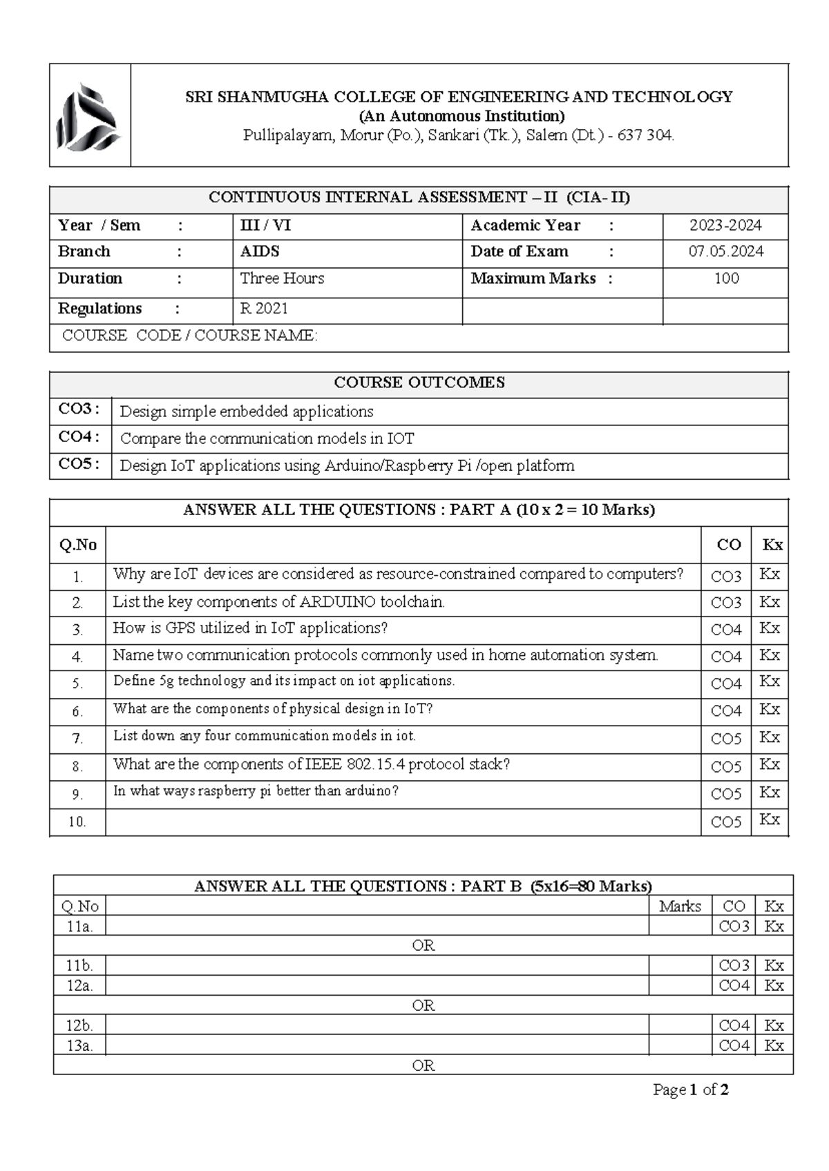 QP template CIA II for III Year - SRI SHANMUGHA COLLEGE OF ENGINEERING ...