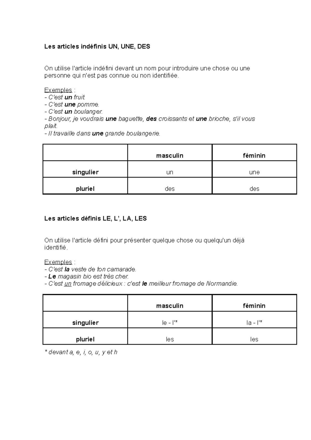 Les articles A1 - Les articles indéfinis UN, UNE, DES On utilise l ...