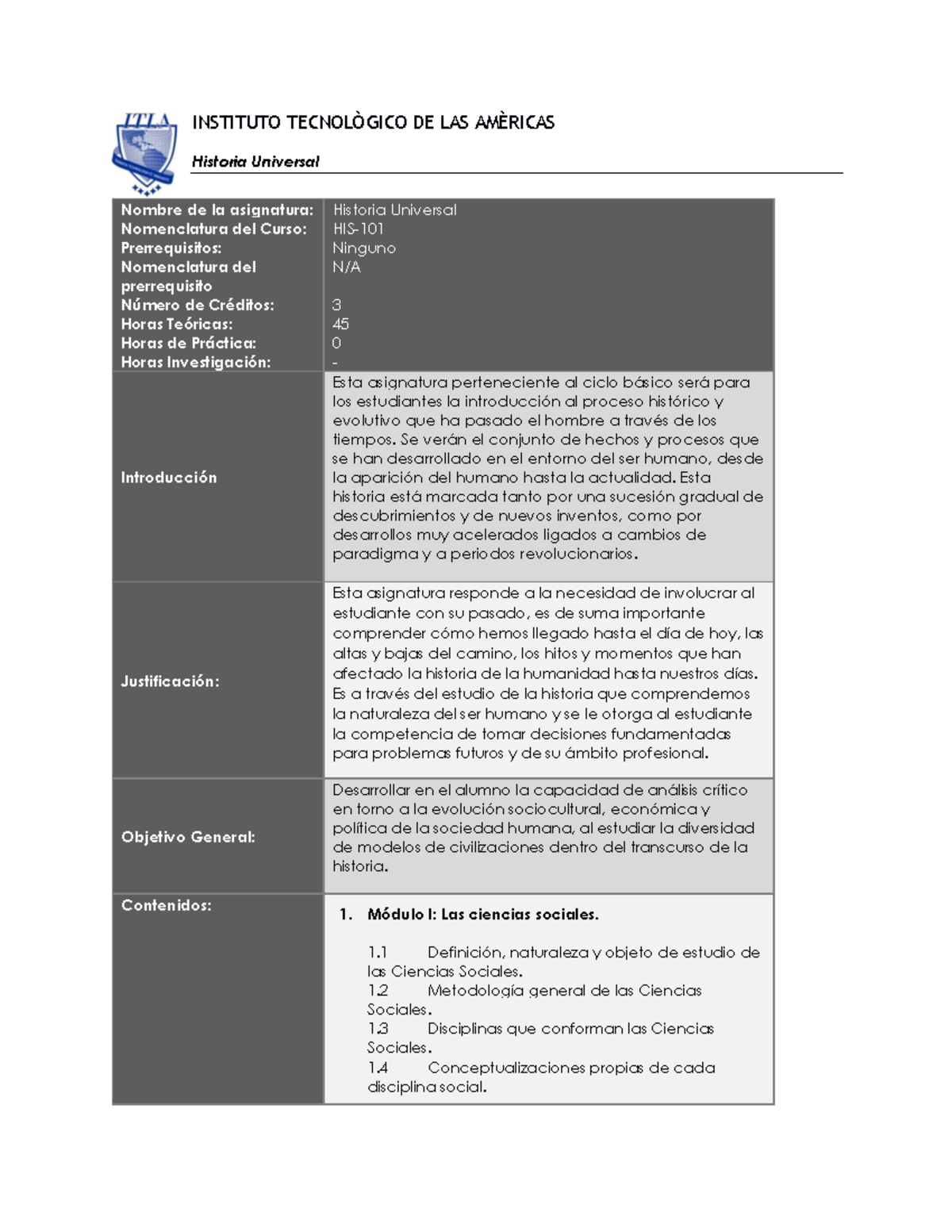 Programa Historia Universal - INSTITUTO TECNOL“GICO DE LAS AM»RICAS ...