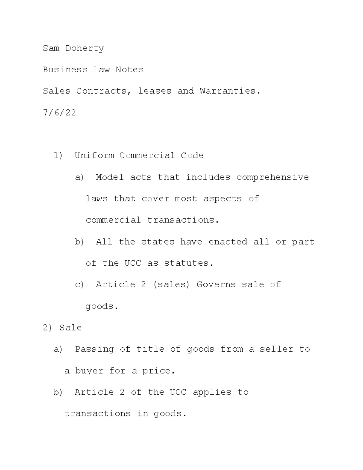 12 powerpoint. - notes - Sam Doherty Business Law Notes Sales Contracts ...