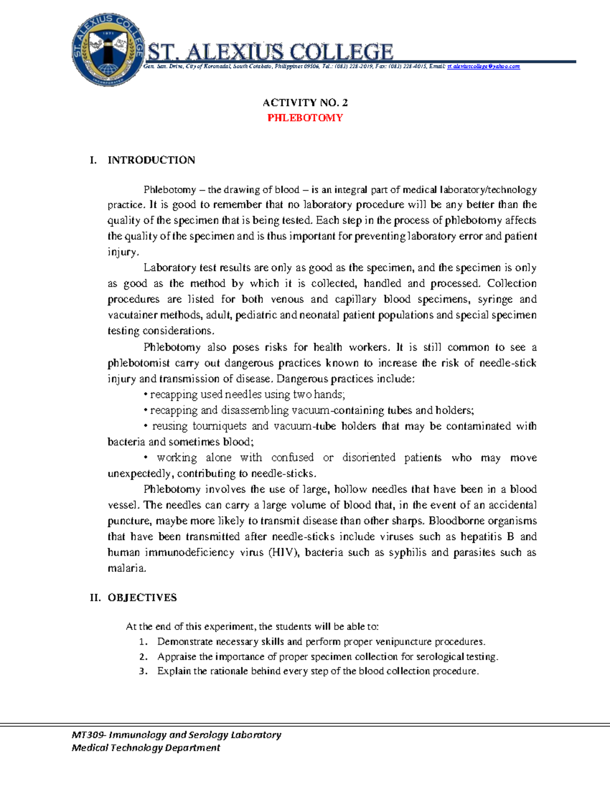 Activity-NO.-2 Immunology - MT309- Immunology and Serology Laboratory ACTIVITY NO. 2 PHLEBOTOMY ...