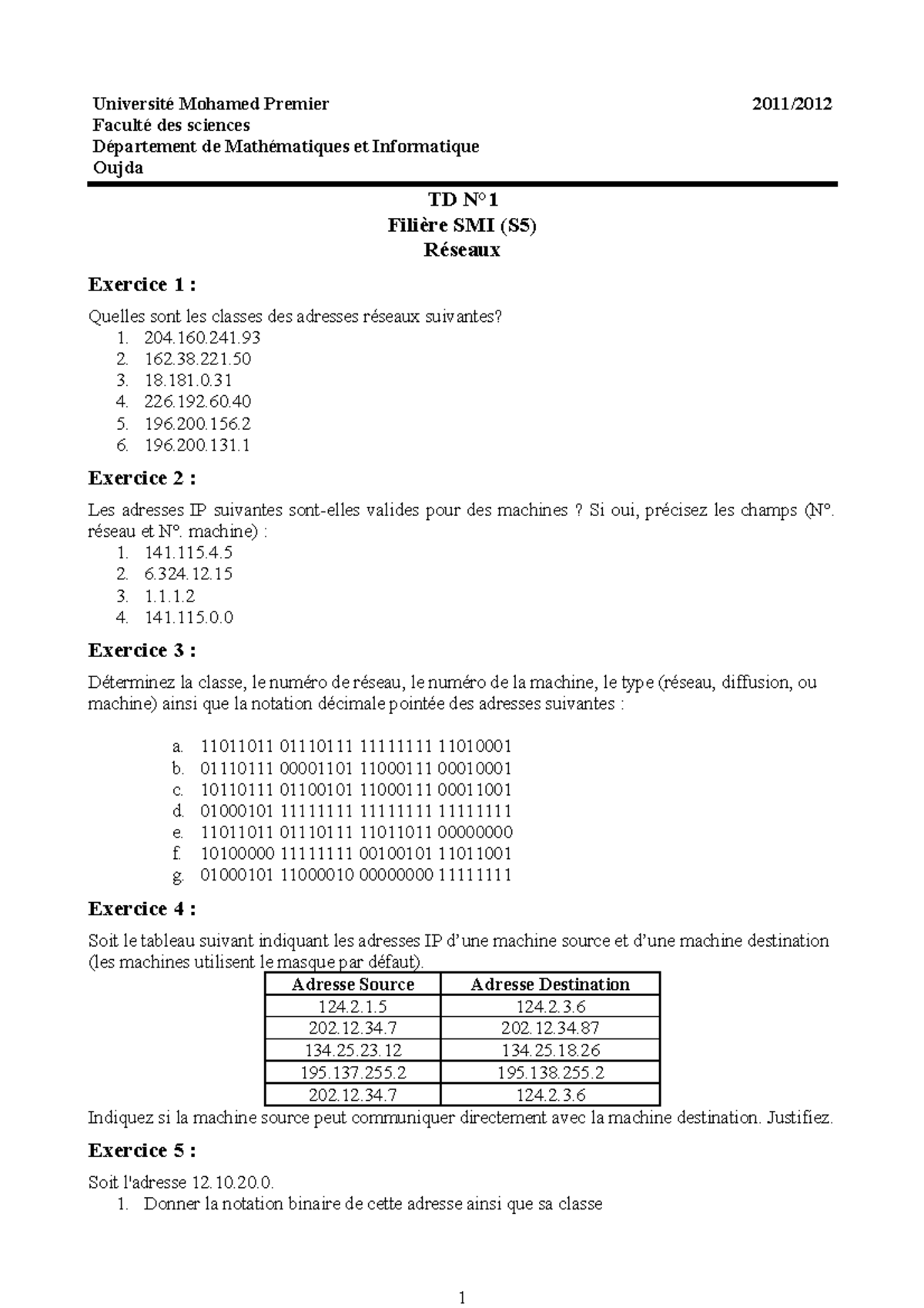 Exercices et Examens Réseaux Informatique - Université Mohamed Premier ...