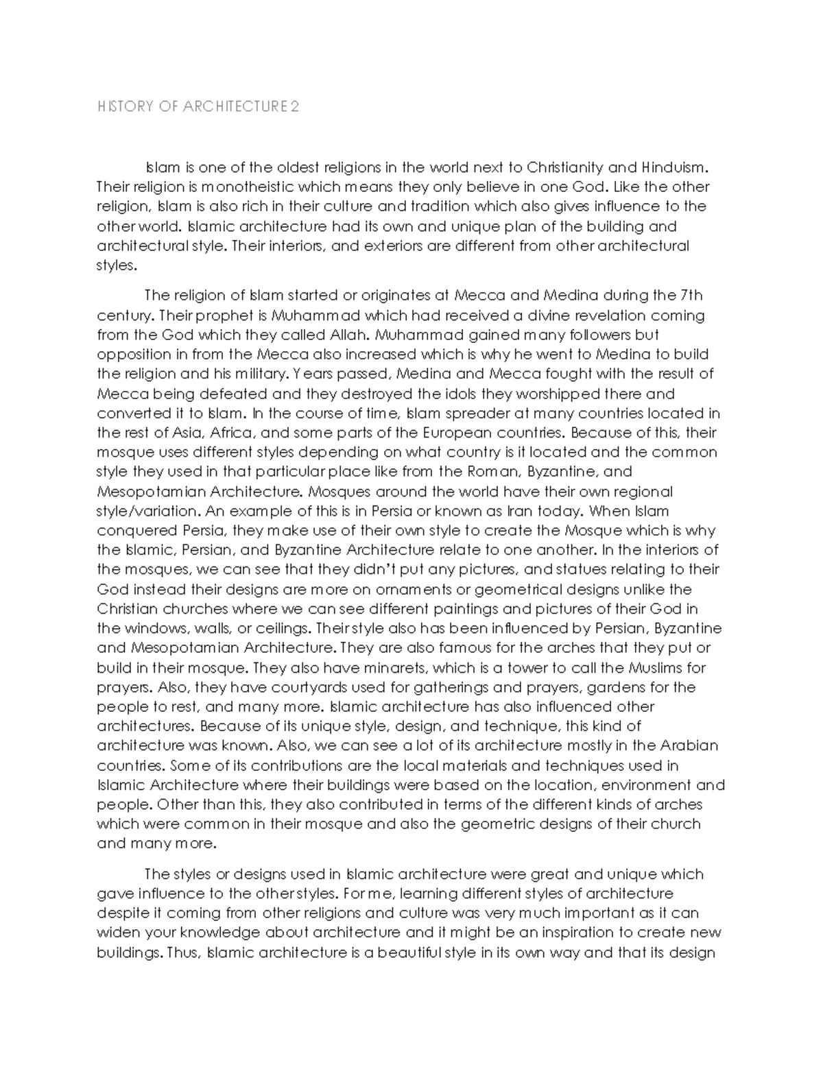 History Of Architecture 2 Essay II - HISTORY OF ARCHITECTURE 2 Islam is ...