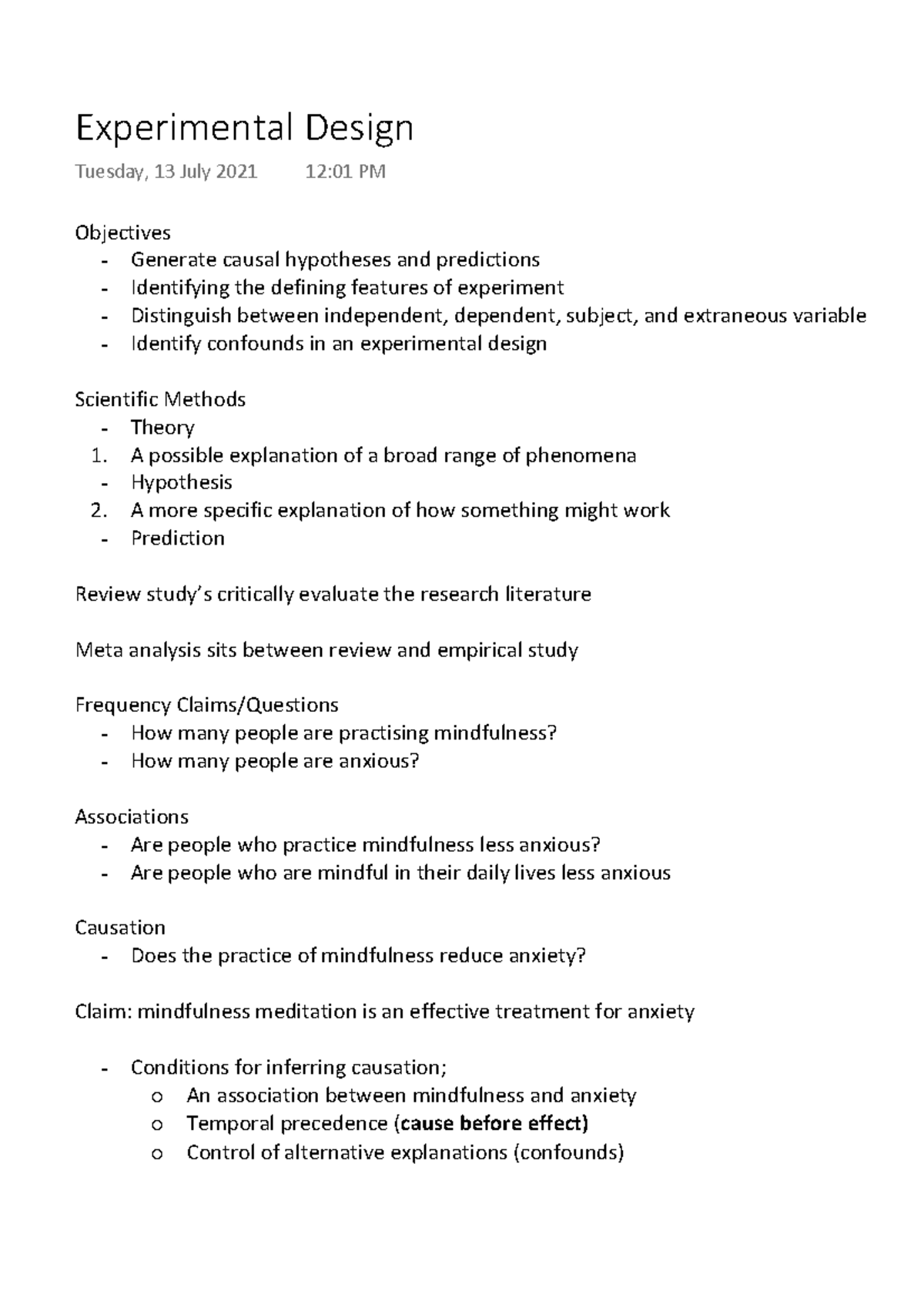 Experimental Design - Objectives Generate causal hypotheses and ...