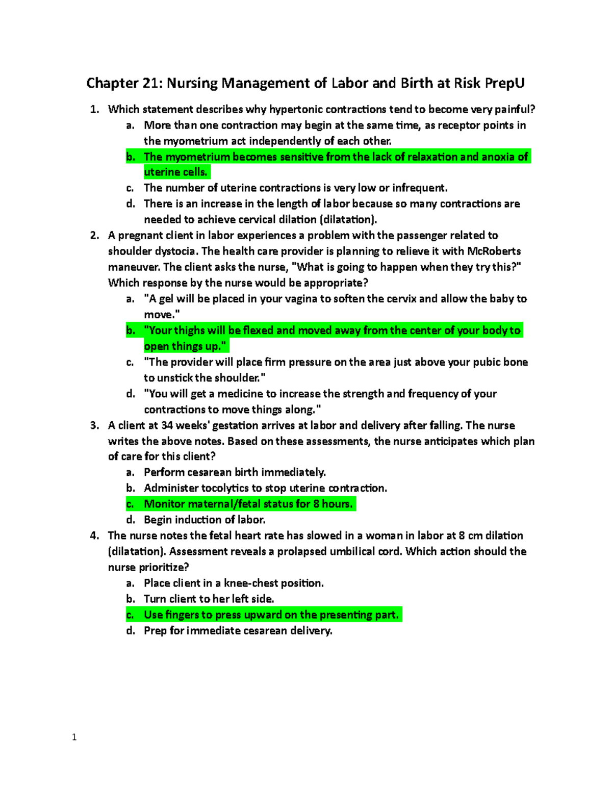 Nursing Management of Labor and Birth at Risk Prep U - Chapter 21 ...