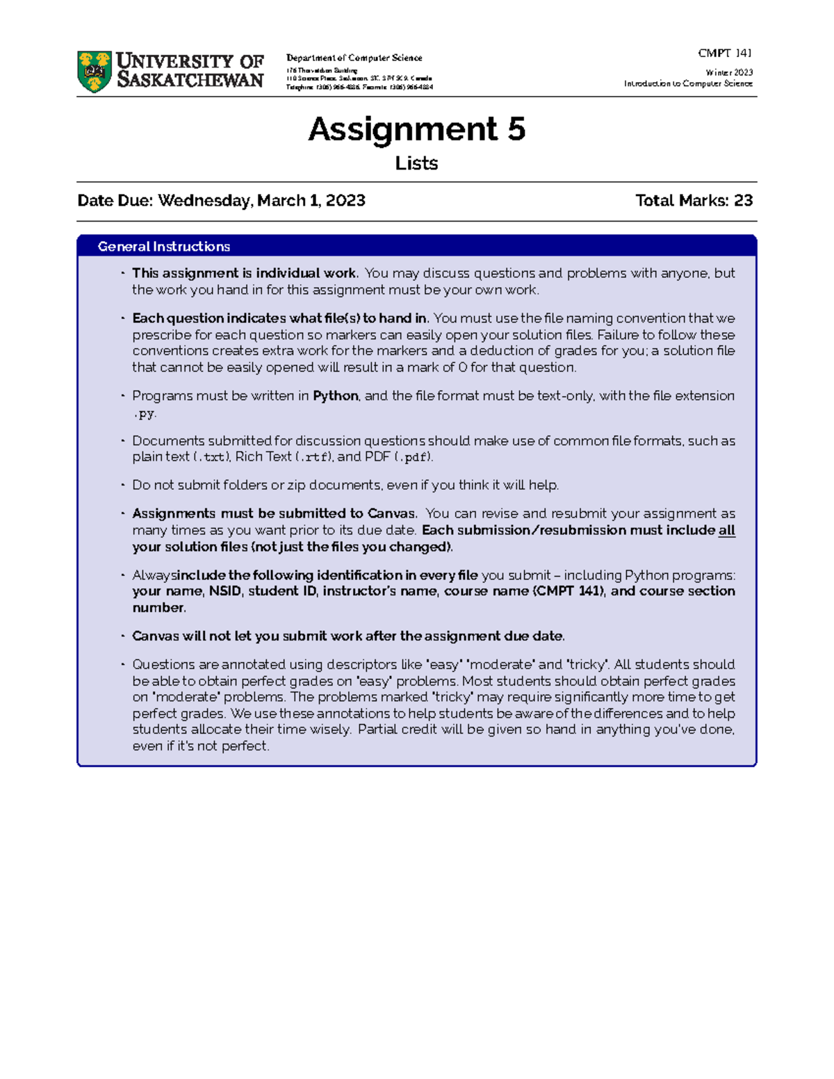 Asn5 winter 2023 - Assignment-5 - Department of Computer Science 176 ...