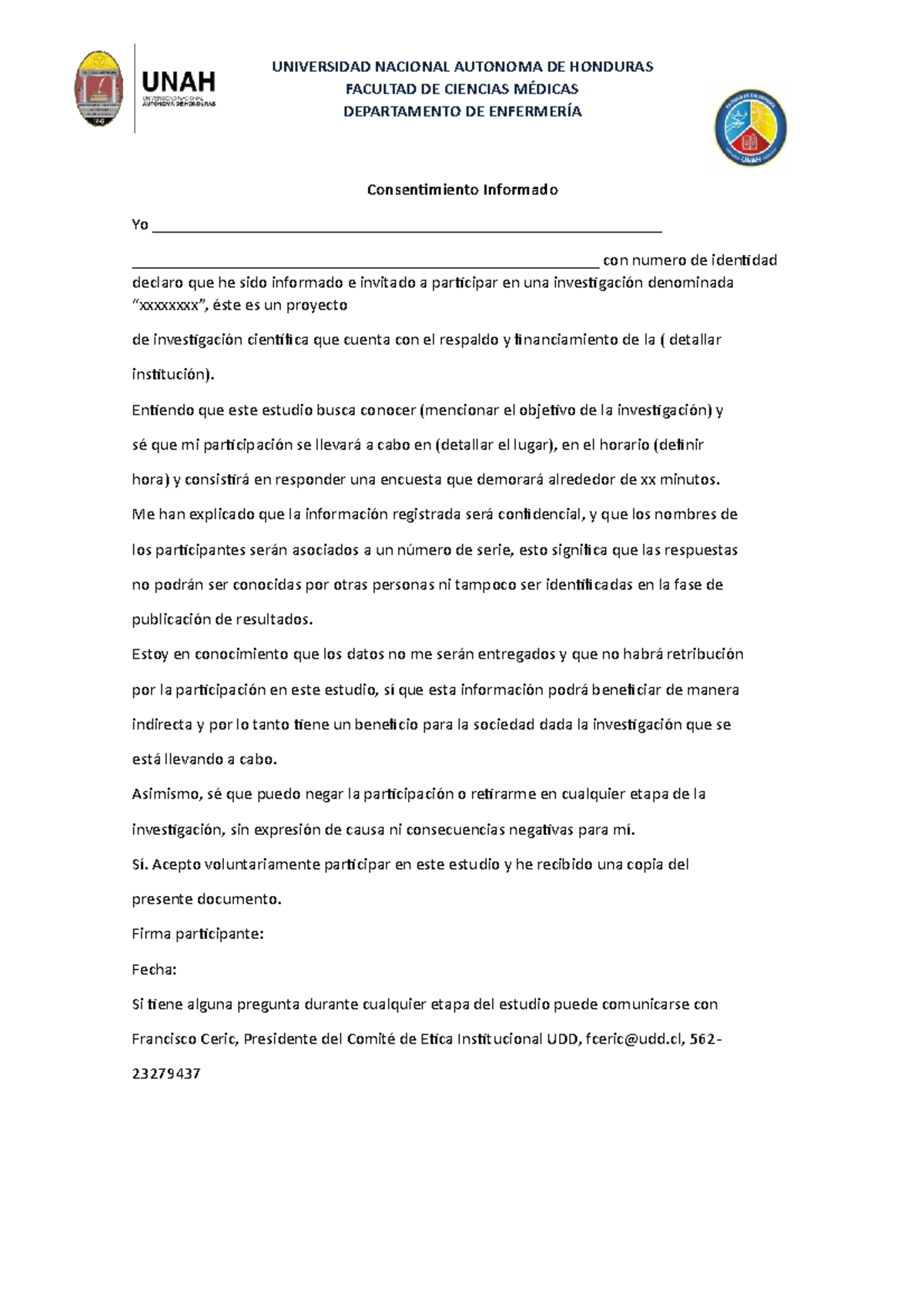 Consentimiento Informado - UNIVERSIDAD NACIONAL AUTONOMA DE HONDURAS FACULTAD DE CIENCIAS ...