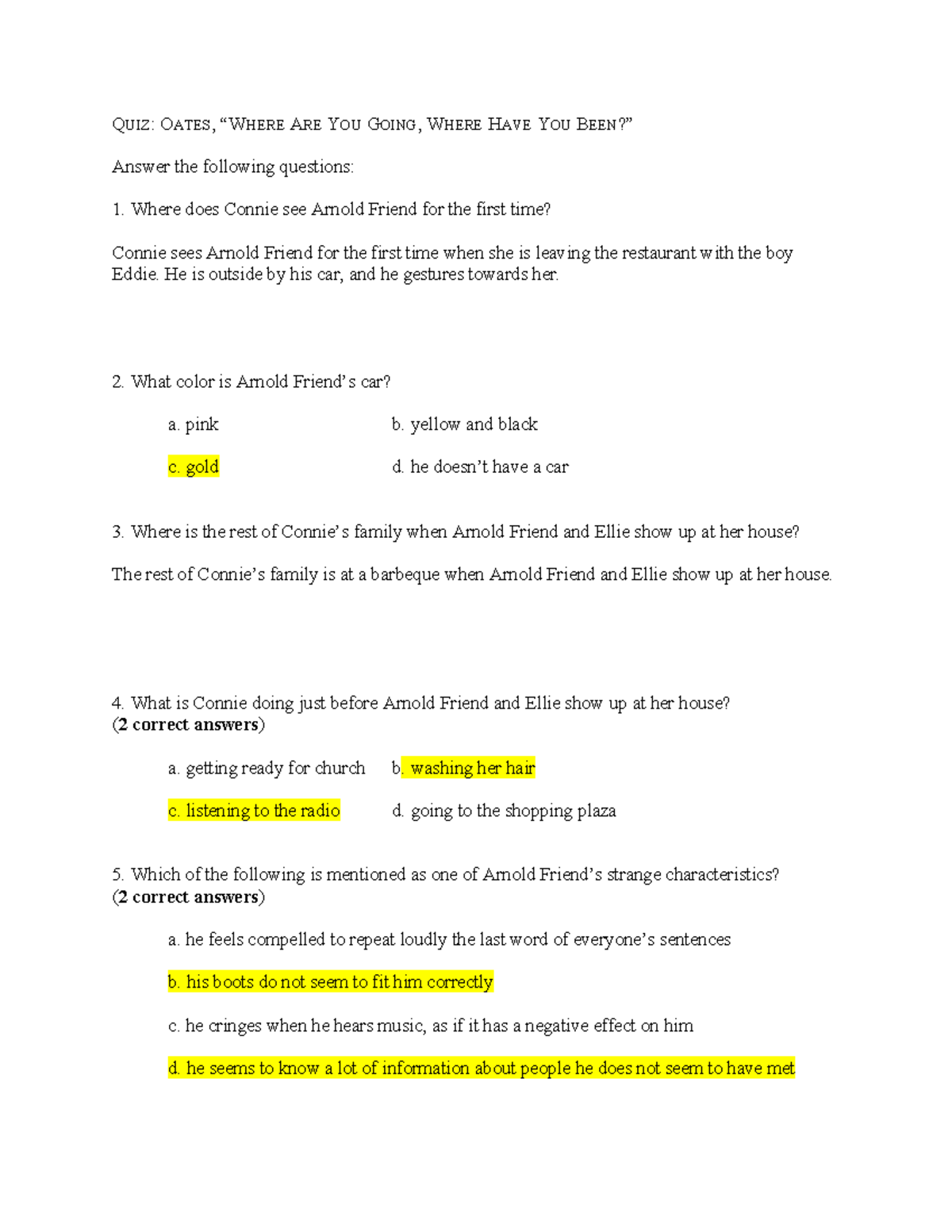 Quiz, Oates Answers - QUIZ: OATES, “WHERE ARE YOU GOING, WHERE HAVE YOU ...