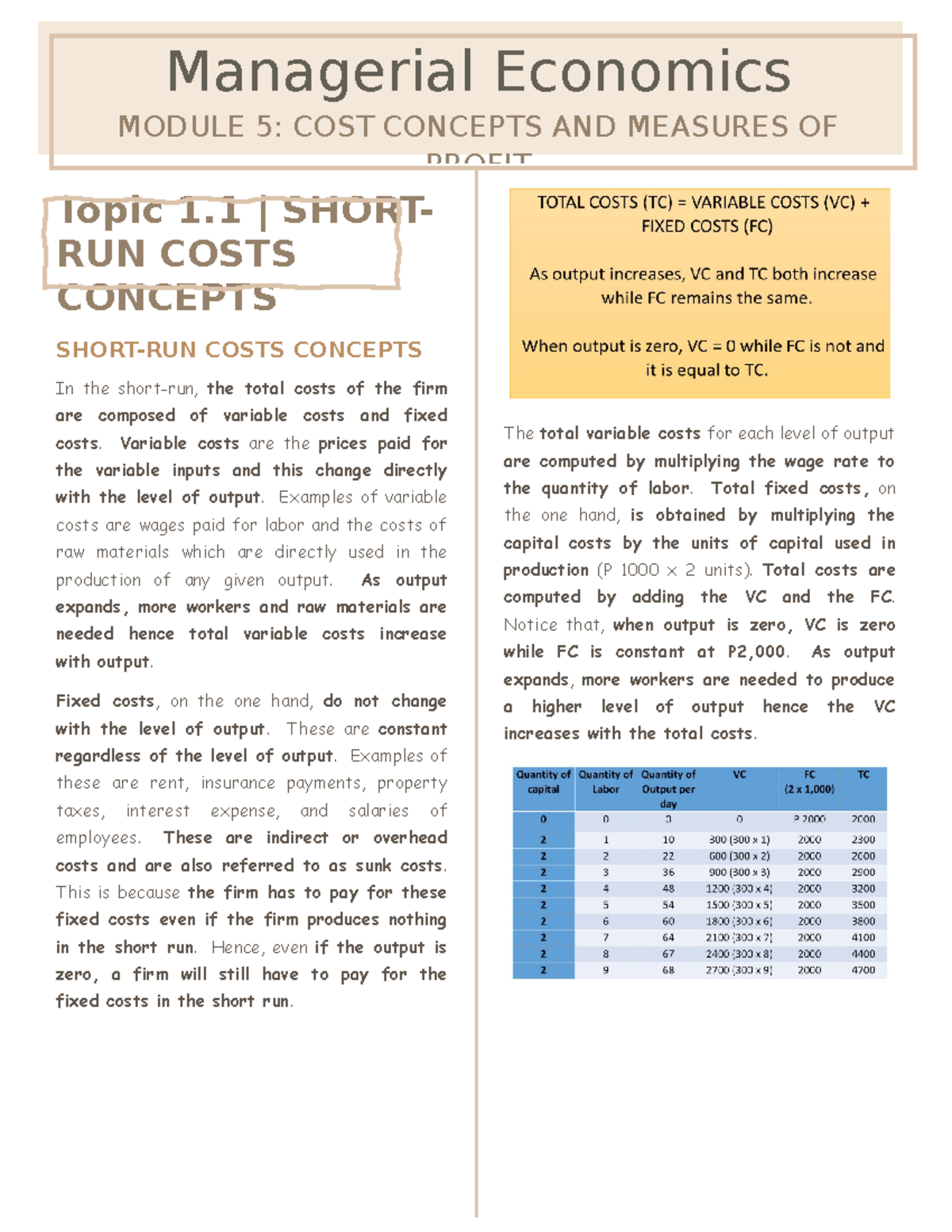 Module 6 Man Eco - Managerial Accounting notes - Topic 1 | SHORT- RUN ...