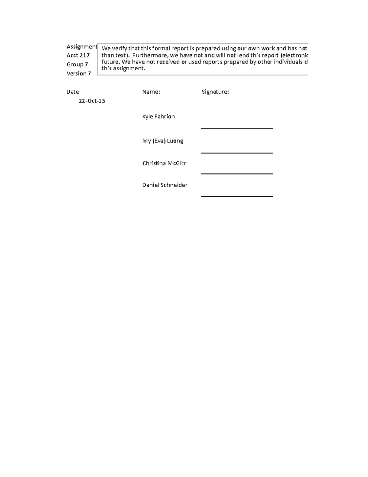 Accounting Assignment 1 Complete - Assignment # Acct 217 Group 7 ...