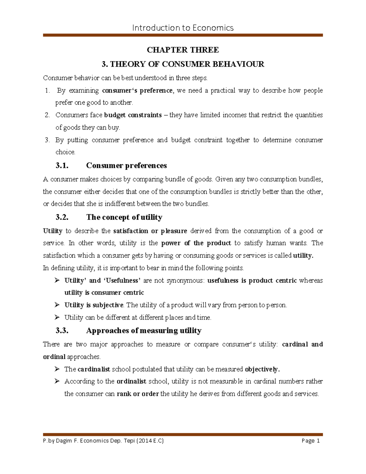 Chapter 3(1) economics - CHAPTER THREE 3. THEORY OF CONSUMER BEHAVIOUR ...