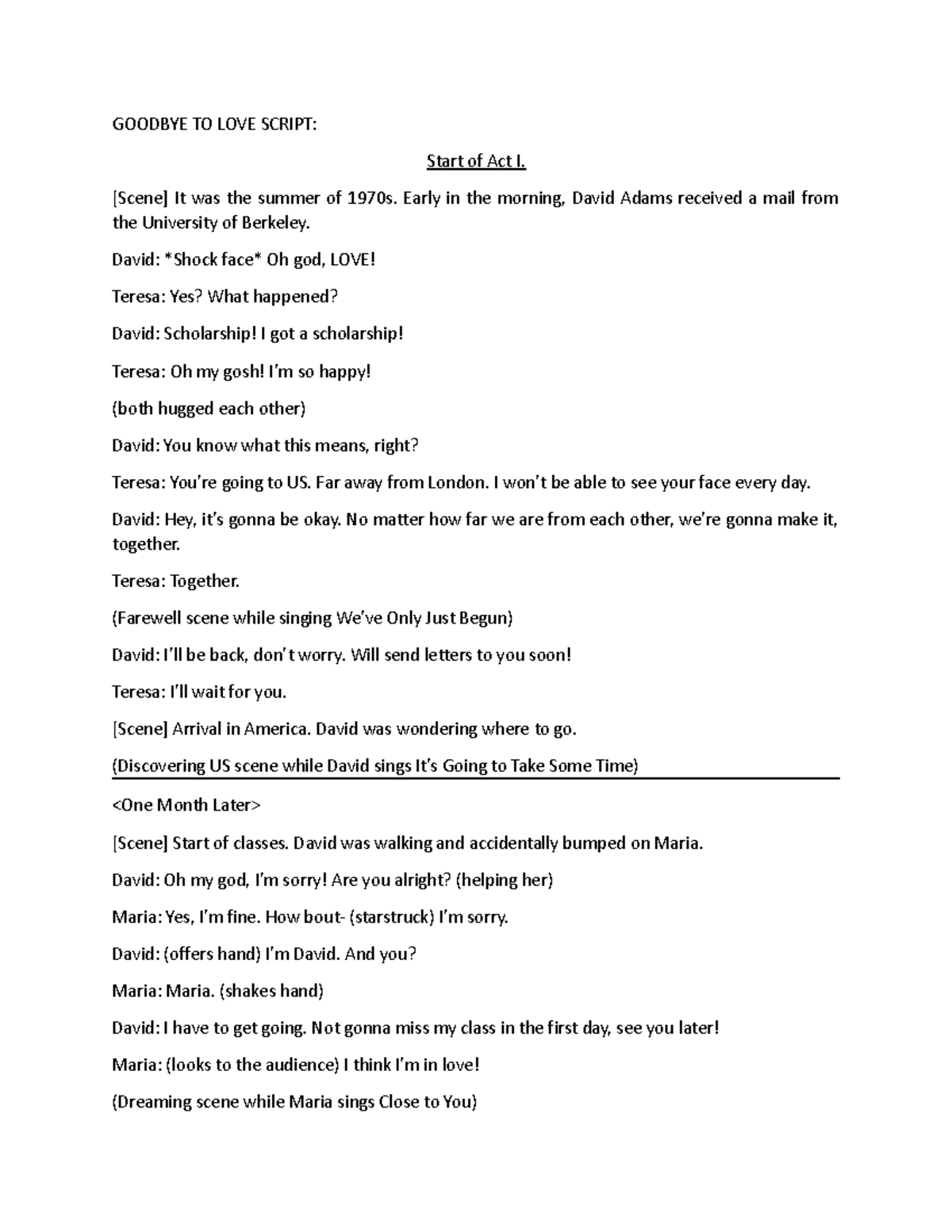 Goodbye TO LOVE Script - YEAH - GOODBYE TO LOVE SCRIPT: Start of Act I ...