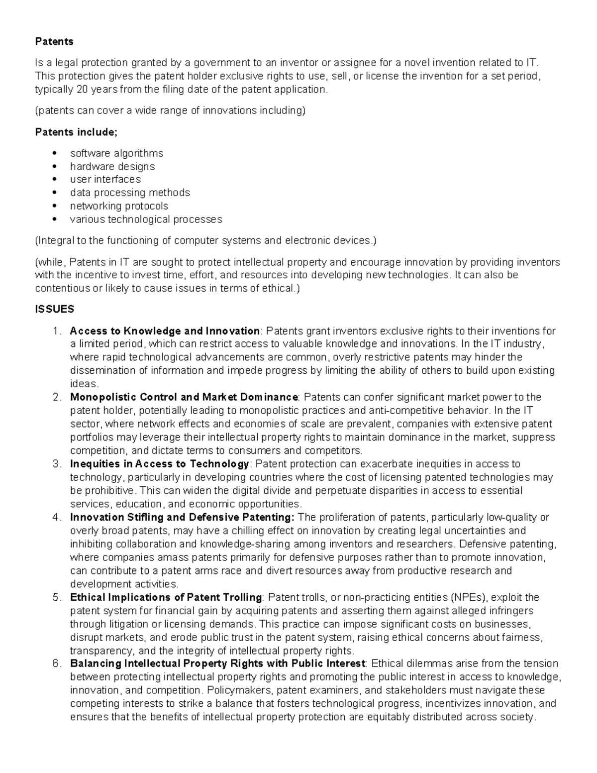 Report - Patents Is a legal protection granted by a government to an ...