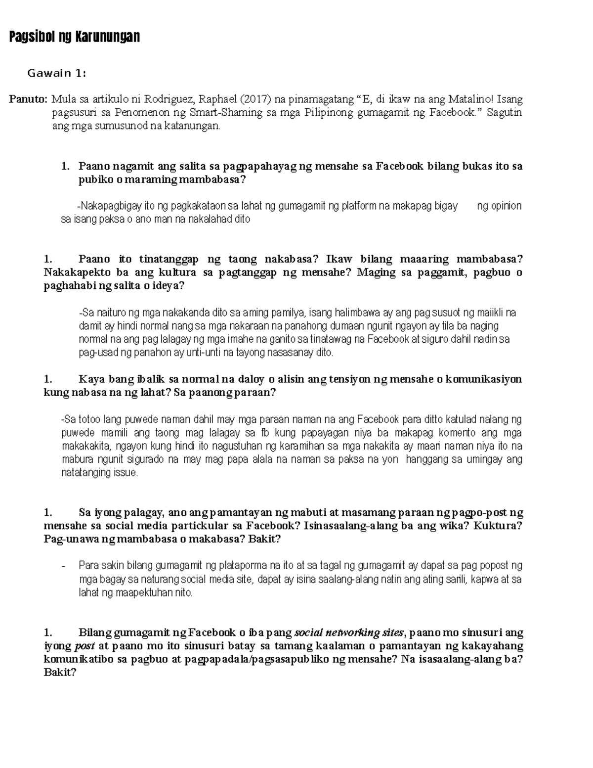 Pagsibol ng Karununga 1 - Pagsibol ng Karunungan Gawain 1: Panuto: Mula ...