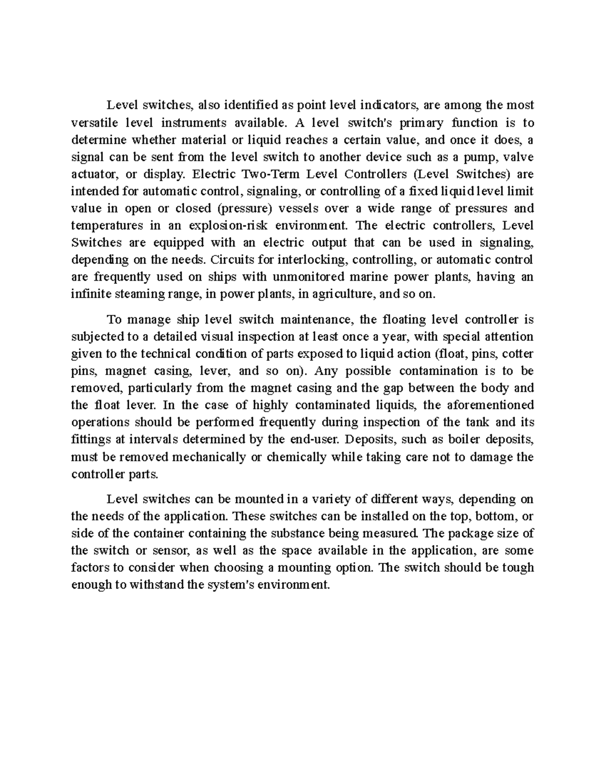 Level Switch Functionality - Level switches, also identified as point ...