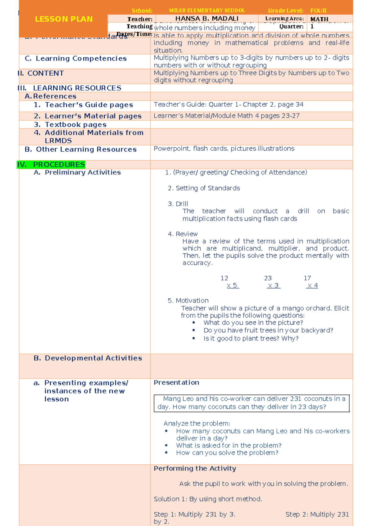 COT Lesson Plan - I. OBJECTIVES A. Content Standards Demonstrates ...