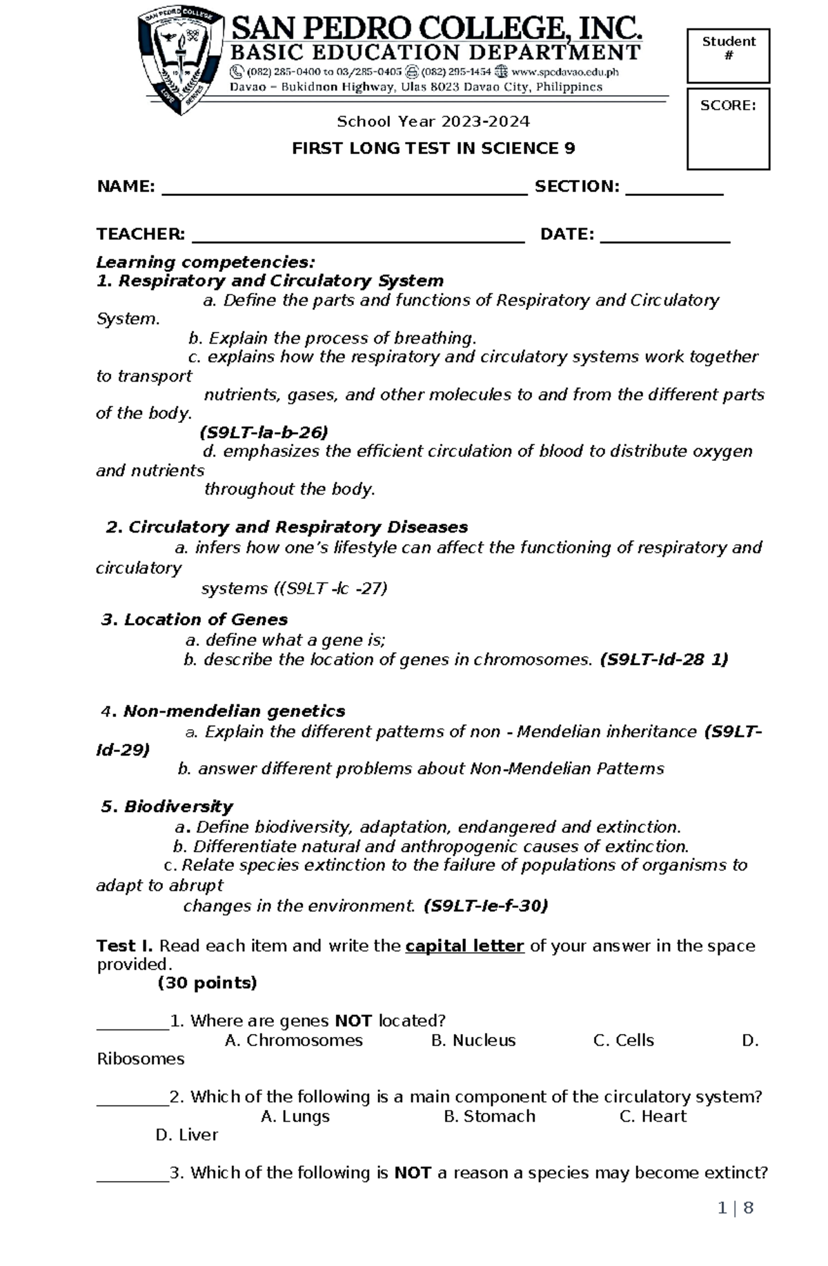First LONG TEST S.Y. 24-25 - FIRST LONG TEST IN SCIENCE 9 NAME: - Studocu