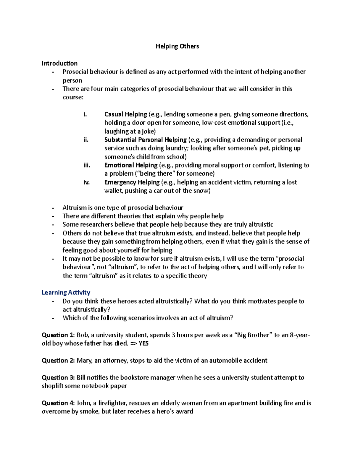 Lesson 8 - Lecture notes 8 - Helping Others Introduction - Prosocial ...