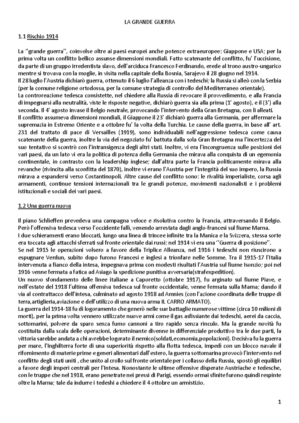Riassunto Libro 900 - LA GRANDE GUERRA 1 Rischio 1914 La ‘’grande ...