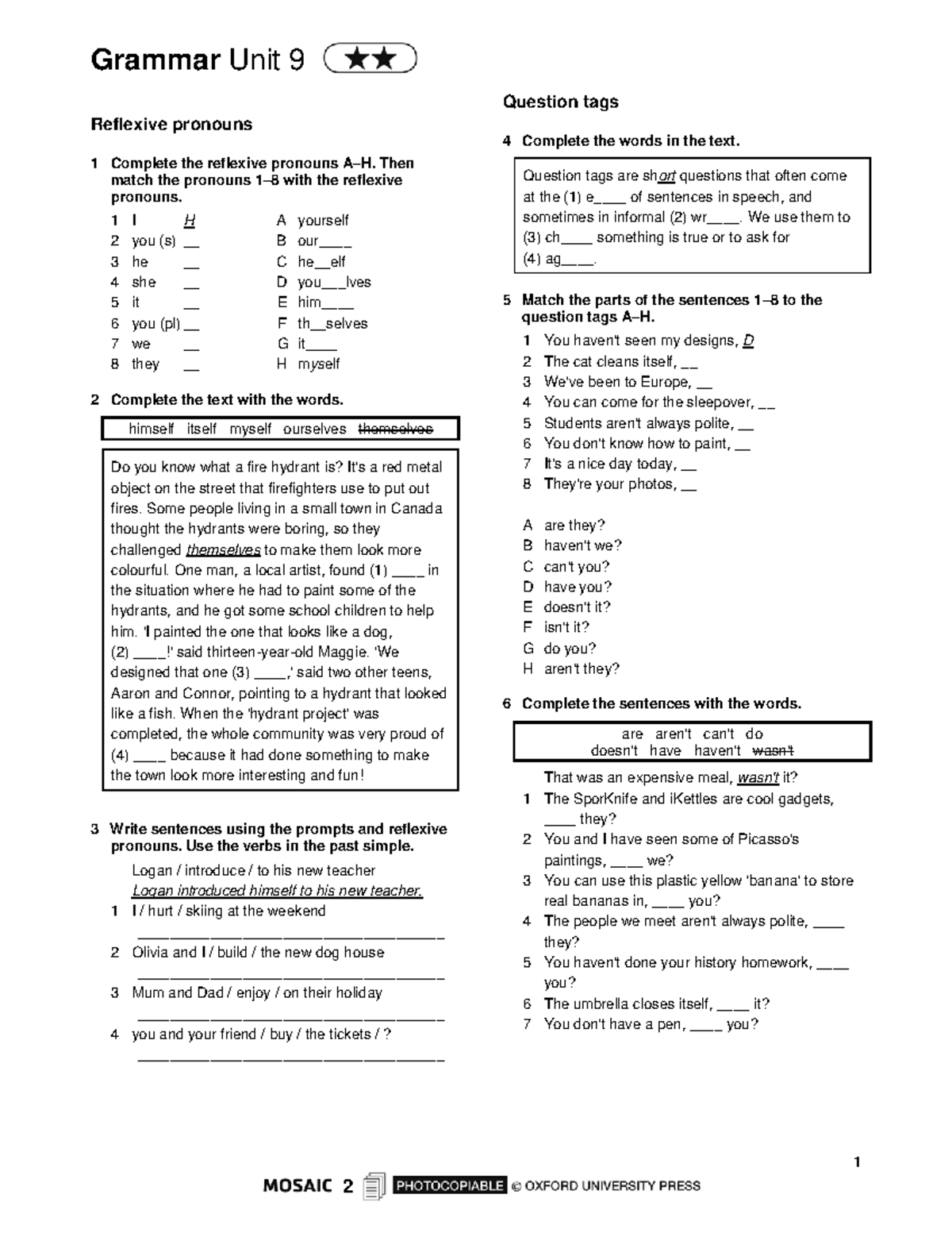Mosaic TRD2 GV U9 2 - Grammar Unit 9 1 2 Reflexive pronouns 1 Complete the reflexive pronouns A ...