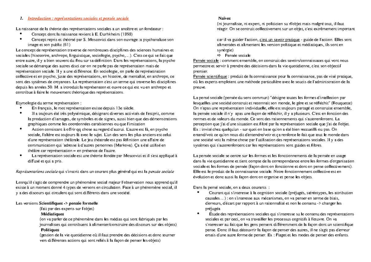 Fiche sociale - 1. Introduction : représentations sociales et pensée ...