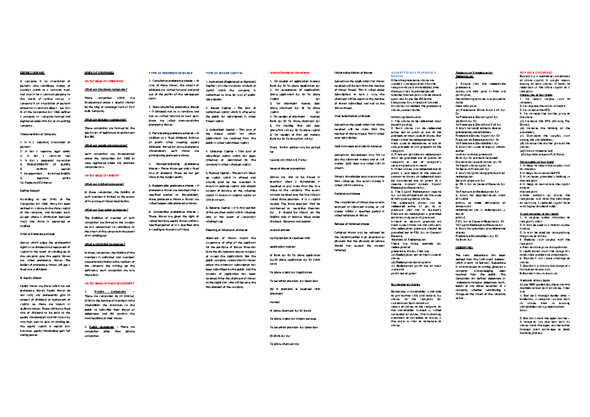 CORPORATE ACCOUNTING NOTES - DEFINE COMPANY A company is an association ...