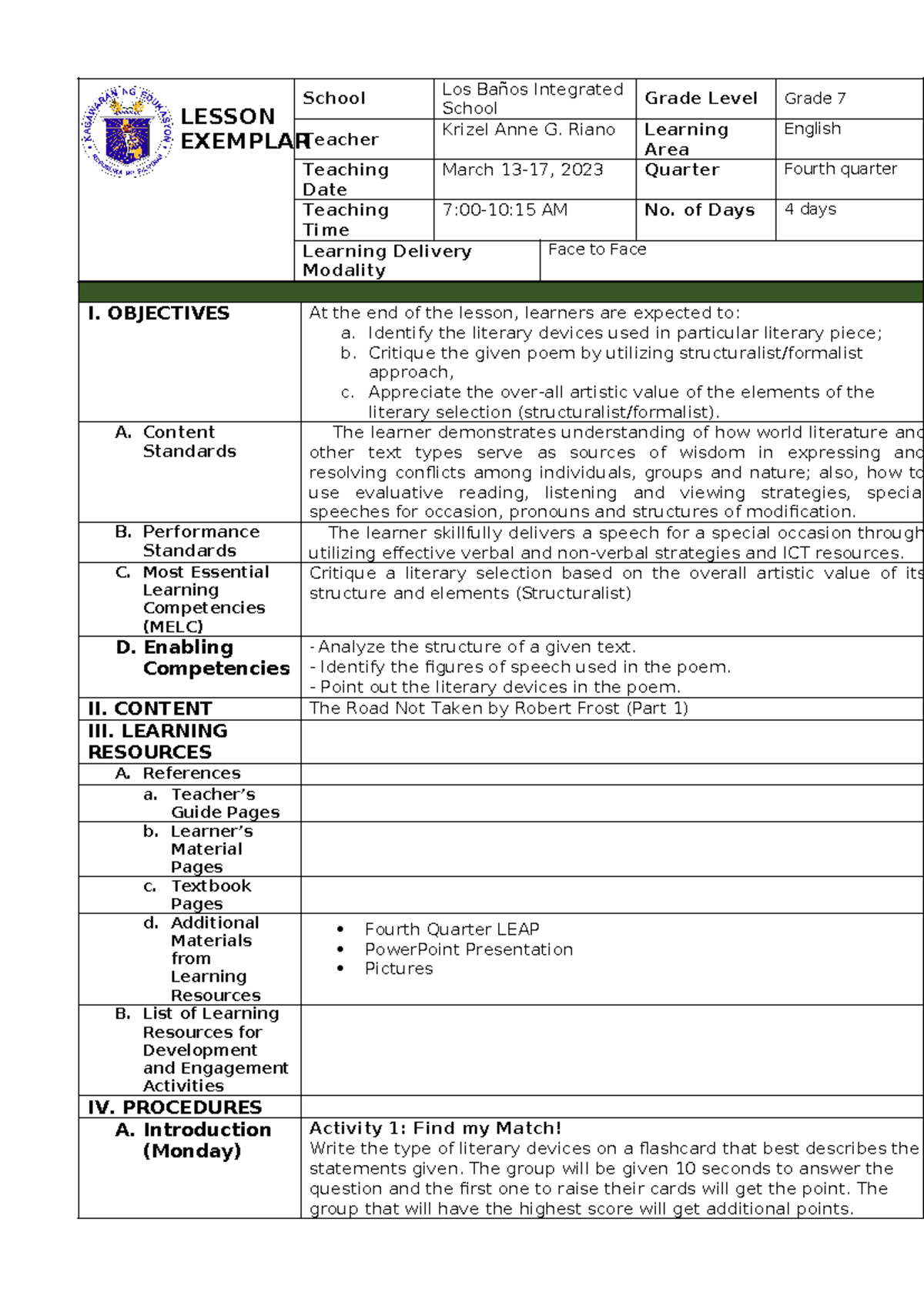 English-10 Week 5 - BOARD EXAM QUESTIONS ON ENGLISH - LESSON EXEMPLAR ...